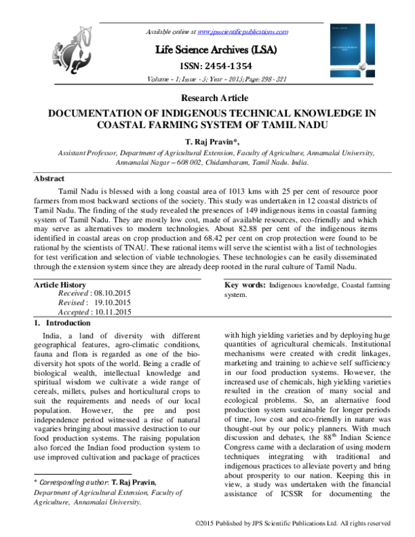(PDF) DOCUMENTATION OF INDIGENOUS TECHNICAL KNOWLEDGE IN COASTAL ...