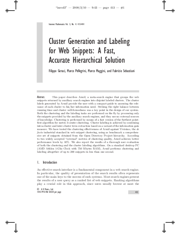 (PDF) Cluster Generation and Cluster Labelling for {W}eb Snippets