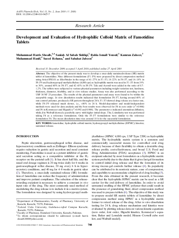 Pdf Development And Evaluation Of Hydrophilic Colloid Matrix Of Famotidine Tablets