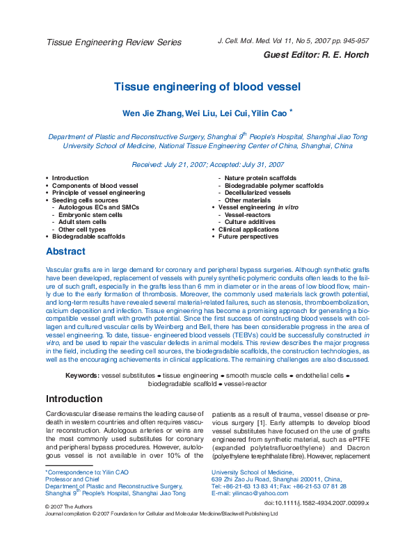 (PDF) Tissue engineering of blood vessel