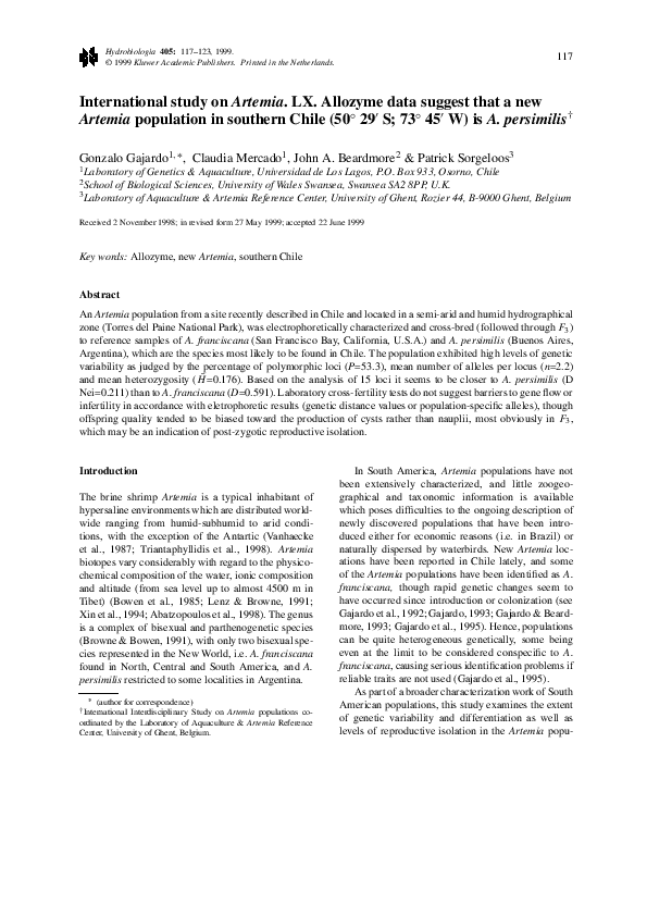 (PDF) International study on Artemia. LX. Allozyme data suggest that a ...