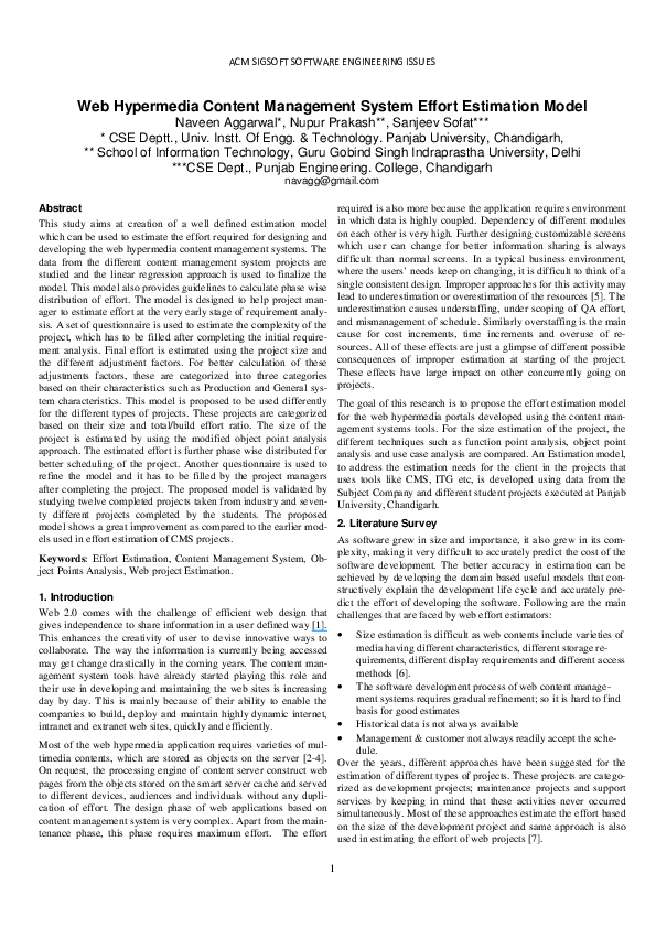 (PDF) Web hypermedia content management system effort estimation model