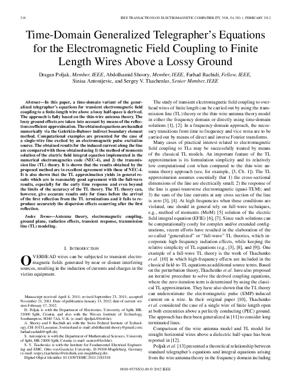 Pdf Time Domain Generalized Telegraphers Equations For The Electromagnetic Field Coupling To