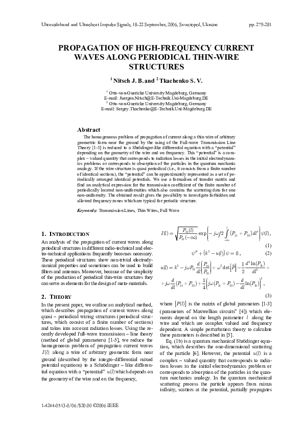 Pdf Propagation Of High Frequency Current Waves Along Periodical Thin Wire Structures