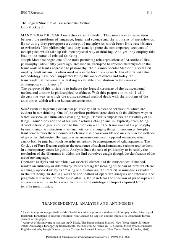 (PDF) The Logical Structure of Transcendental Method