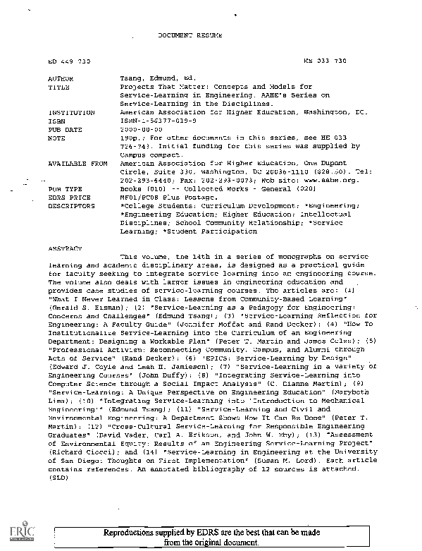 (PDF) Projects That Matter: Concepts and Models for Service-Learning in ...