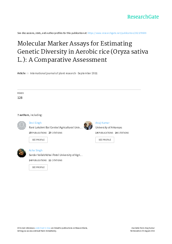 (PDF) Molecular Marker Assays for Estimating Genetic Diversity in Aerobic rice (Oryza sativa L ...