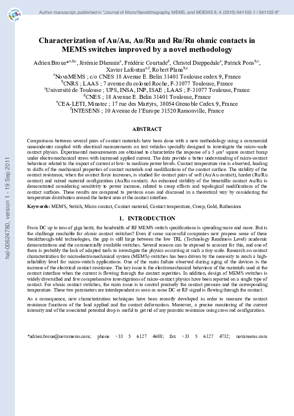 (PDF) Characterization of Au/Au, Au/Ru, and Ru/Ru ohmic contacts in ...