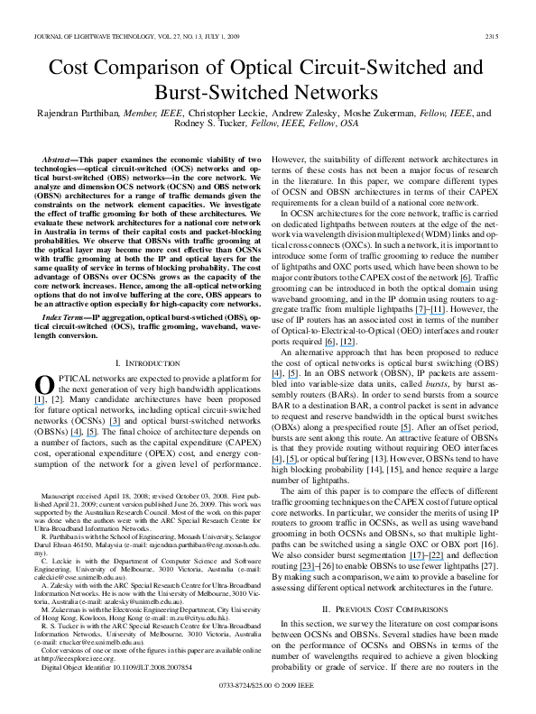 (PDF) Cost Comparison of Optical Circuit-Switched and Burst-Switched Networks