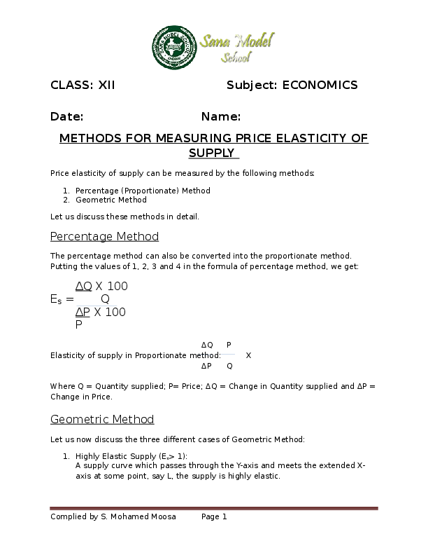 (DOC) METHODS FOR MEASURING PRICE ELASTICITY OF SUPPLY