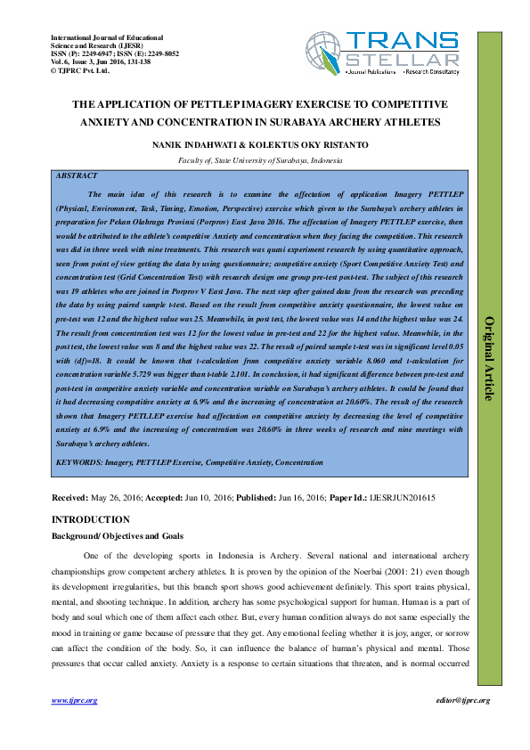 THE APPLICATION OF PETTLEP IMAGERY EXERCISE TO COMPETITIVE ANXIETY AND ...