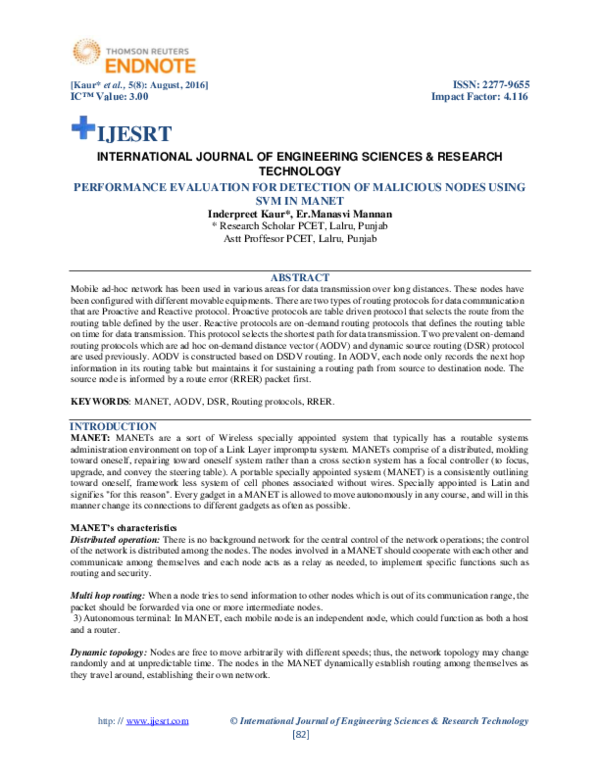 Pdf Performance Evaluation For Detection Of Malicious Nodes Using Svm In Manet