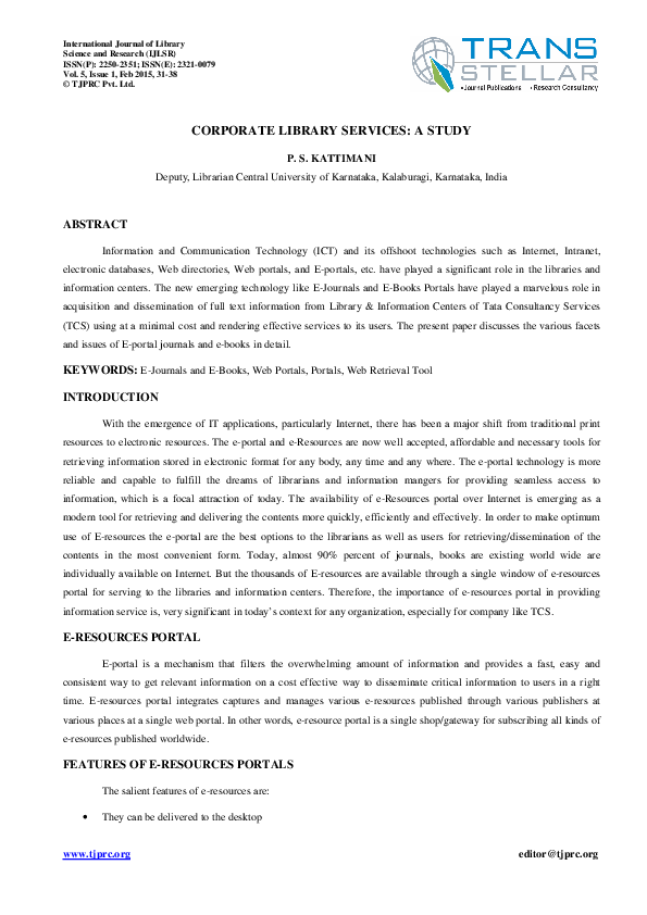 CORPORATE LIBRARY SERVICES: A STUDY