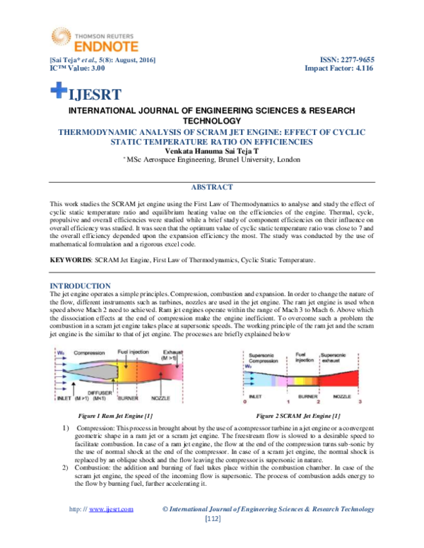 (PDF) THERMODYNAMIC ANALYSIS OF SCRAM JET ENGINE: EFFECT OF CYCLIC ...