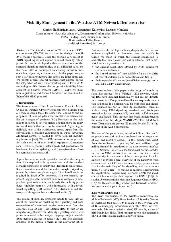 (PDF) Mobility management in the wireless ATM network demonstrator
