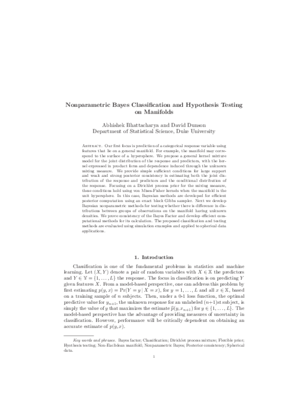 (PDF) Nonparametric Bayes classification and hypothesis testing on ... (PDF) Nonparametric Bayes classification and hypothesis testing on ...