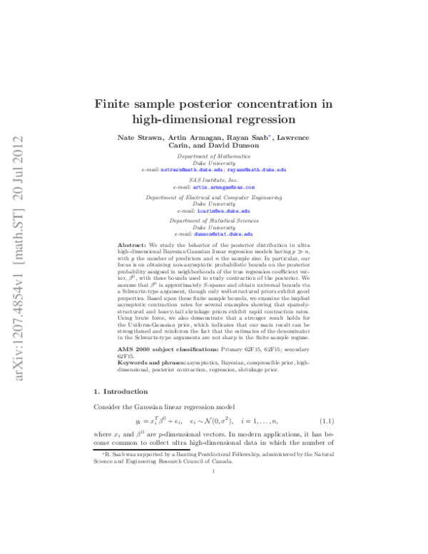 (PDF) Finite sample posterior concentration in high-dimensional regression