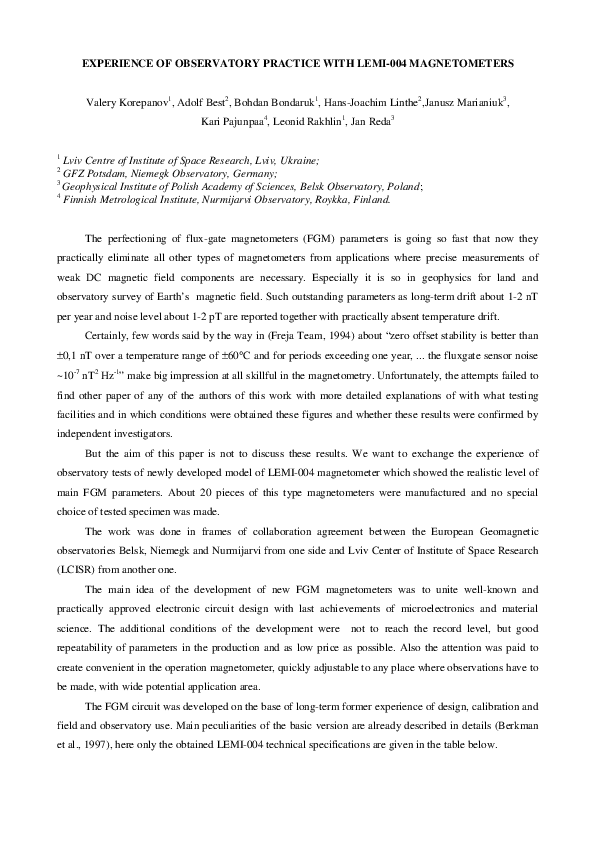 (PDF) Experience of Observatory Practice with LEMI-004 Magnetometers