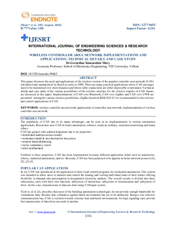 Pdf Wireless Controller Area Network Implementations And Applications Technical Details And