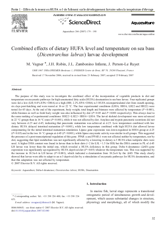 (PDF) Combined effects of dietary HUFA level and temperature on sea bass ( Dicentrarchus labrax ...