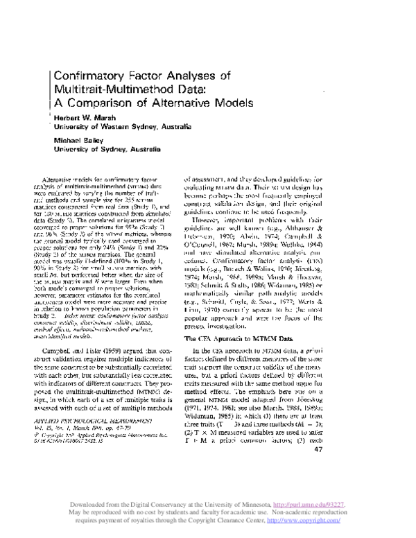 Pdf Confirmatory Factor Analyses Of Multitrait Multimethod Data A Comparison Of Alternative 