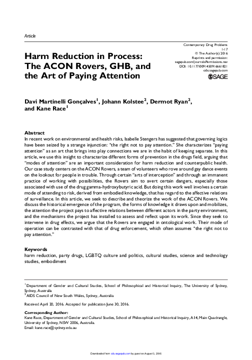 (PDF) Harm Reduction in Process: The ACON Rovers, GHB, and the Art of ...