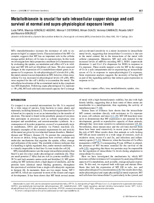 (PDF) Metallothionein is crucial for safe intracellular copper storage ...
