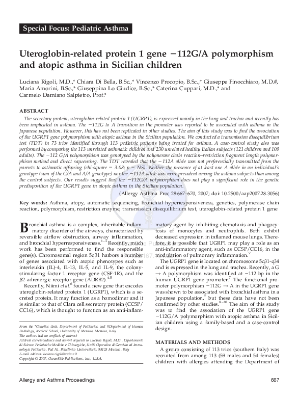 (PDF) Uteroglobin-related protein 1 gene −112G/A polymorphism and ...