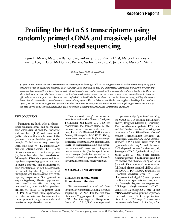 (PDF) Profiling the HeLa S3 transcriptome using randomly primed cDNA and massively parallel ...