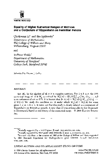(PDF) Equality of higher numerical ranges of matrices and a conjecture of Kippenhahn on ...