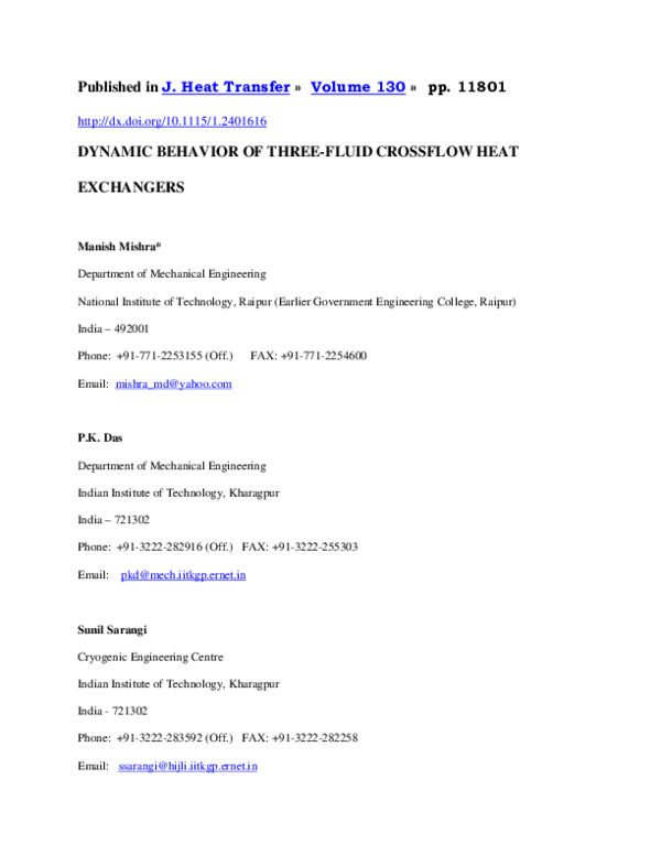 (PDF) Dynamic Behavior of Three-Fluid Crossflow Heat Exchangers
