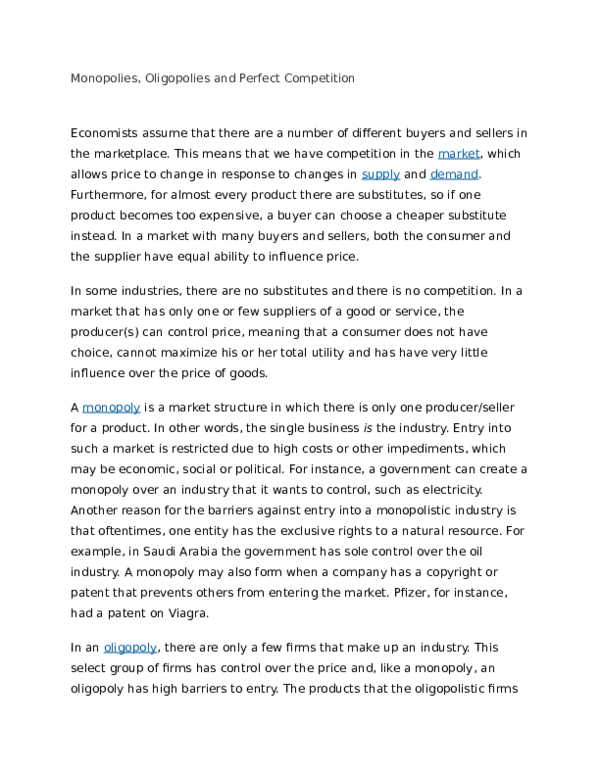 (DOC) Monopolies, Oligopolies and Perfect Competition