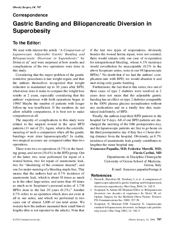 (PDF) Gastric Banding and Biliopancreatic Diversion in Superobesity