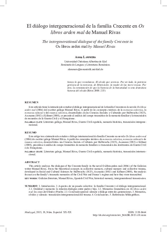 (PDF) El diálogo intergeneracional de la familia Crecente en Os libros arden mal de Manuel Rivas