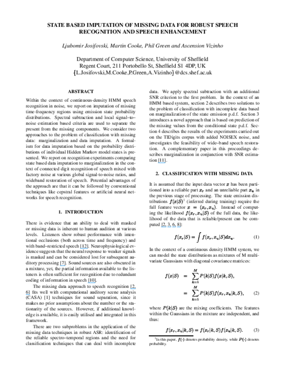 Pdf State Based Imputation Of Missing Data For Robust Speech Recognition And Speech Enhancement