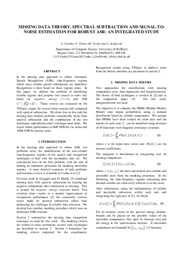 Pdf Missing Data Theory Spectral Subtraction And Signal To Noise Estimation For Robust Asr
