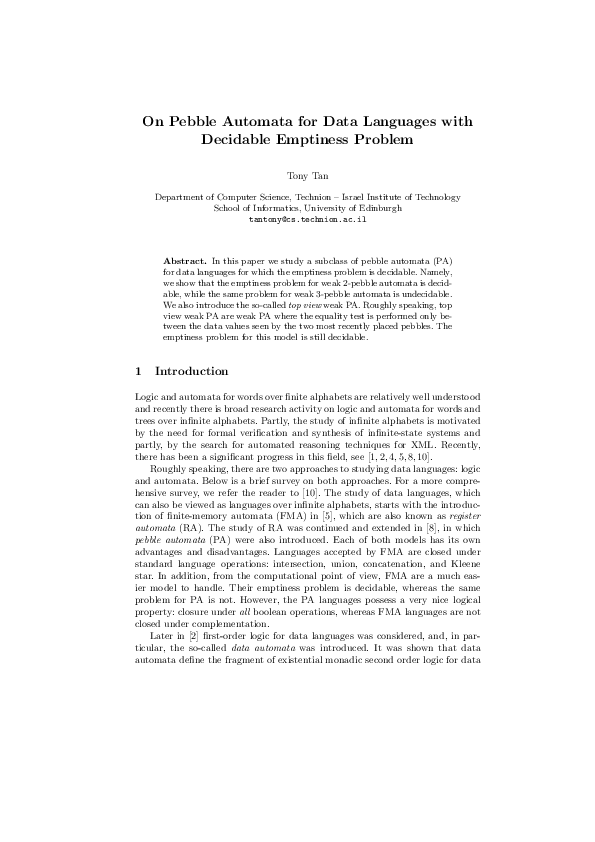 Pdf On Pebble Automata For Data Languages With Decidable Emptiness Problem