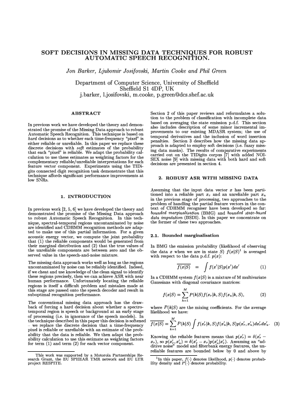 (PDF) Soft decisions in missing data techniques for robust automatic speech recognition