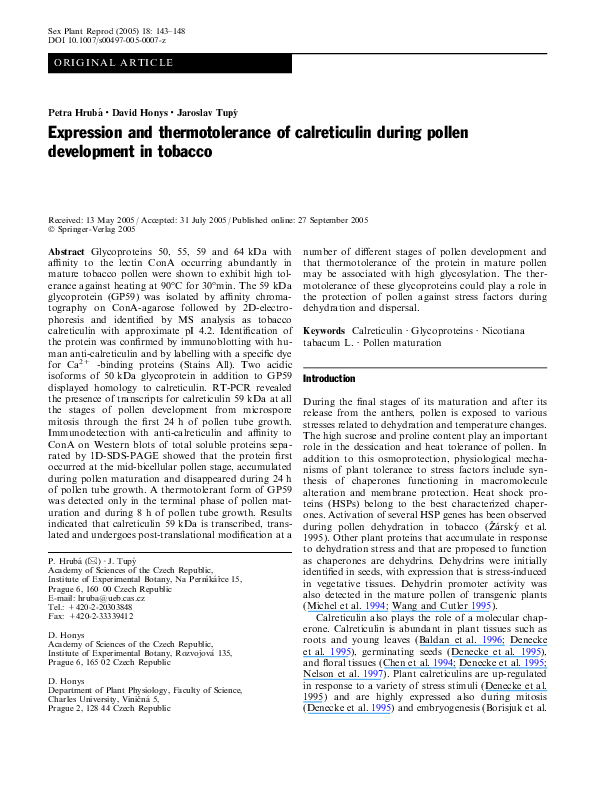 (PDF) Expression and thermotolerance of calreticulin during pollen development in tobacco