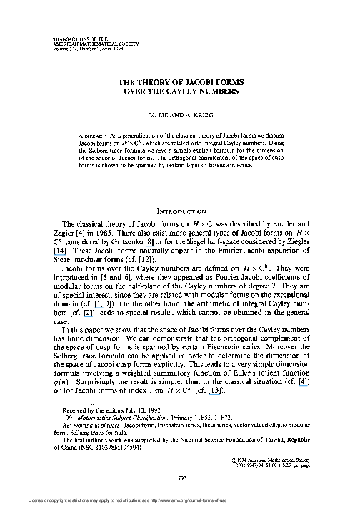 (PDF) The Theory of Jacobi Forms over the Cayley Numbers