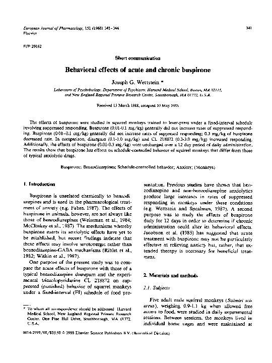 (PDF) Behavioral effects of acute and chronic buspirone | Joseph ...