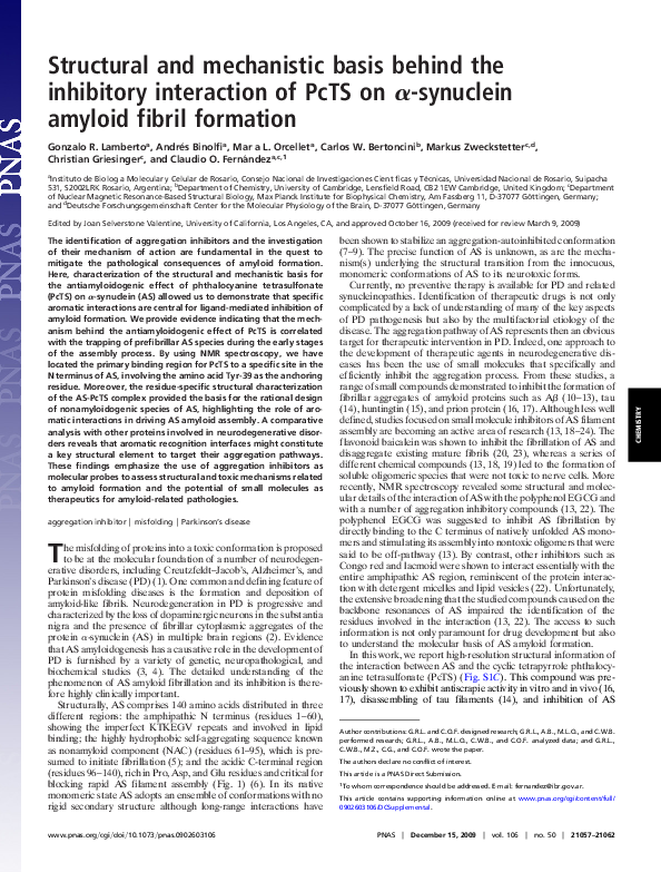 (PDF) Structural and mechanistic basis behind the inhibitory interaction of PcTS on -synuclein ...