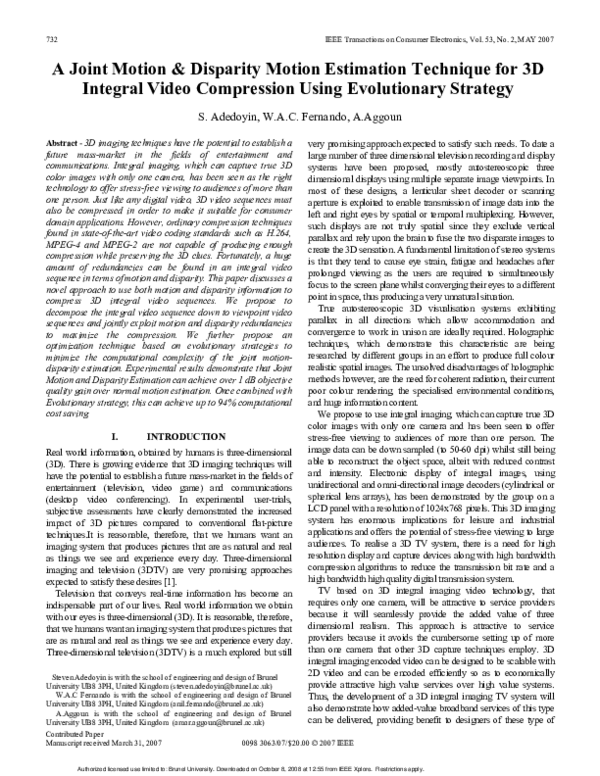 Pdf Joint Motion And Disparity For 3d Video Compression 