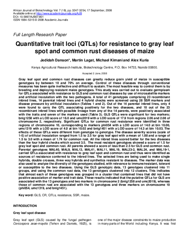 Pdf Quantitative Trait Loci Qtls For Resistance To Gray Leaf Spot And Common Rust Diseases