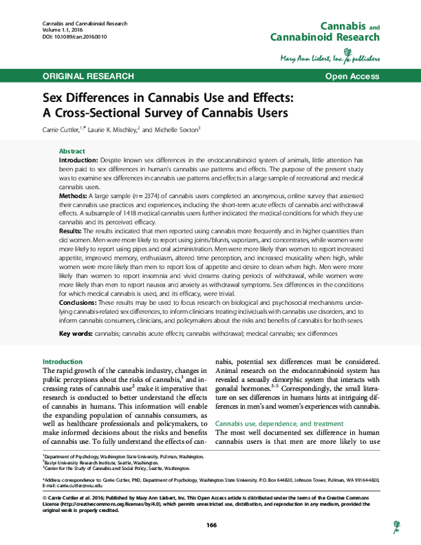 Pdf Sex Differences In Cannabis Use And Effects A Cross Sectional