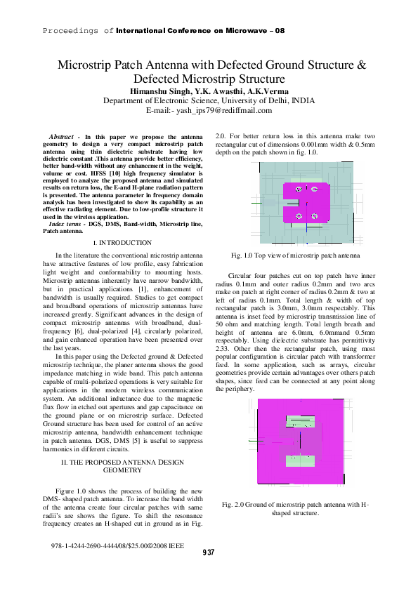 Pdf Microstrip Patch Antenna With Defected Ground Structure And Defected Microstrip Structure