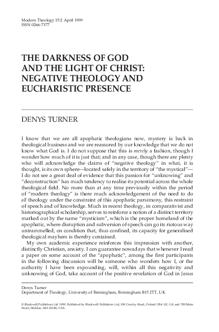 (PDF) The Darkness of God and the Light of Christ: Negative Theology ...