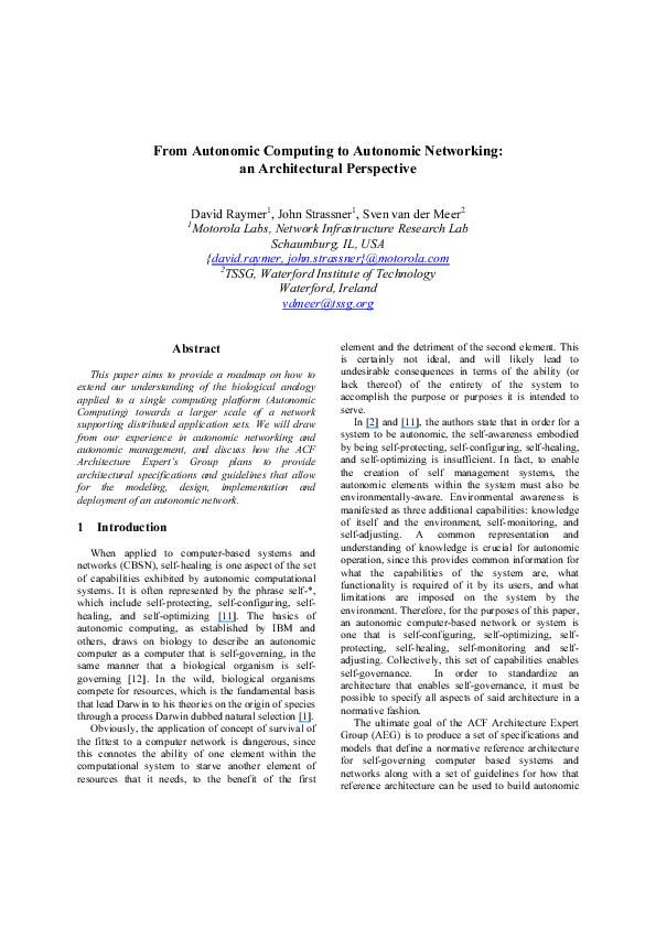 Pdf From Autonomic Computing To Autonomic Networking An Architectural Perspective John
