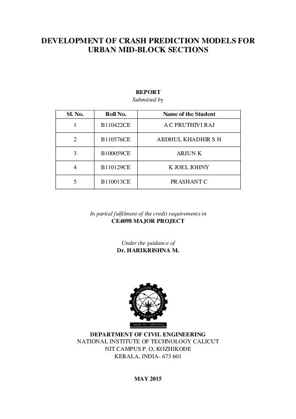 (PDF) DEVELOPMENT OF CRASH PREDICTION MODELS FOR URBAN MID-BLOCK SECTIONS