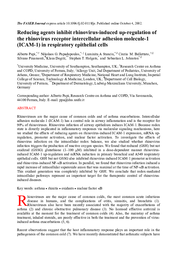 (PDF) Reducing agents inhibit rhinovirus-induced up-regulation of the ...